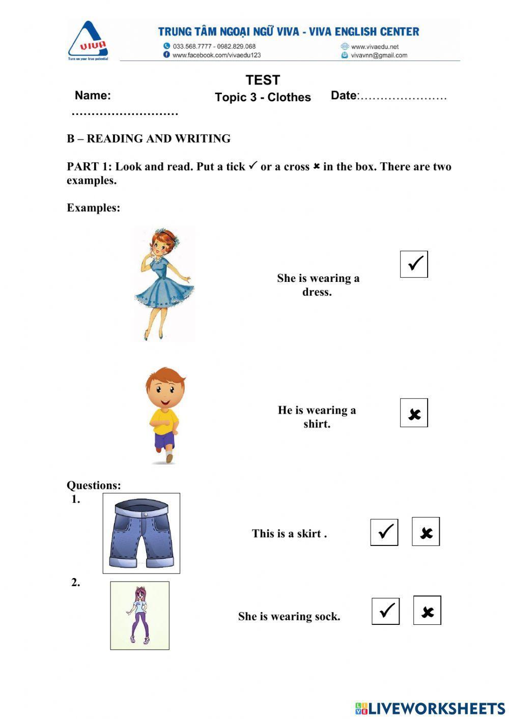 Idict 1-Unit 3: Clothes-Topic test-Reading and writing worksheet | Live ...
