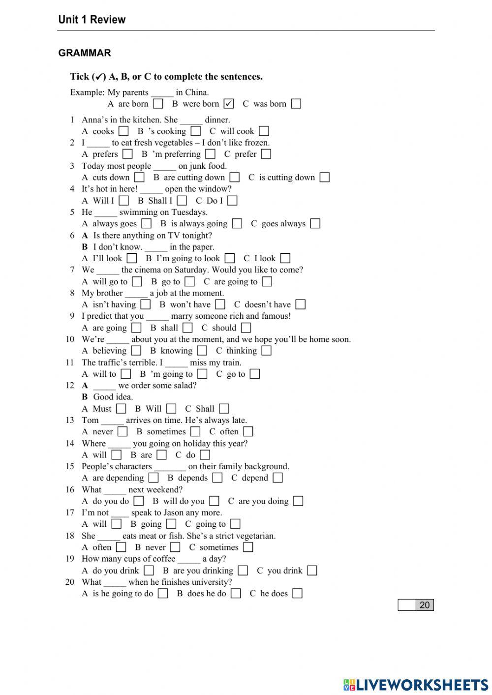7A: Unit 1 Revision worksheet | Live Worksheets