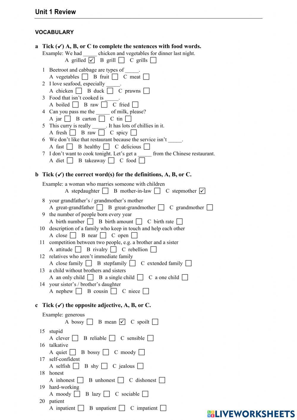 7A: Unit 1 Revision worksheet | Live Worksheets
