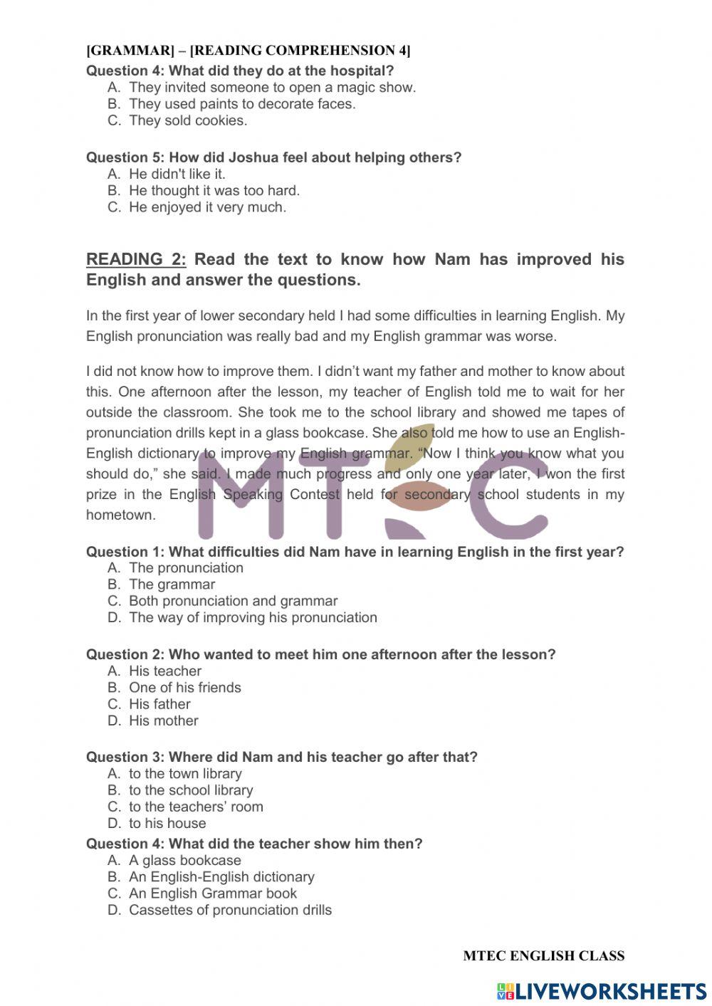 1740642 | Grammar - reading comprehension 4 | nhinhinhi