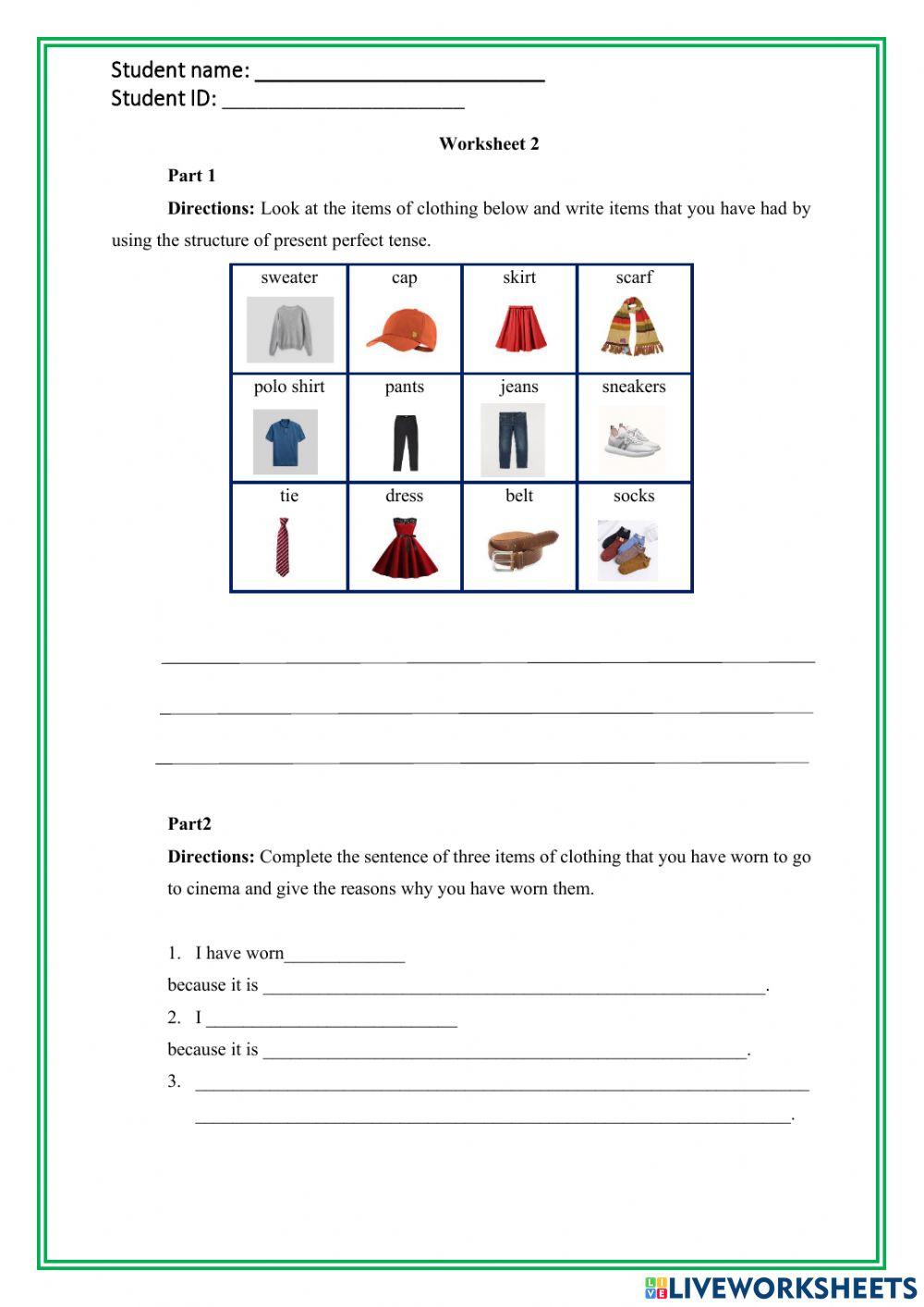 Worksheet2(Items of clothing) online exercise for | Live Worksheets