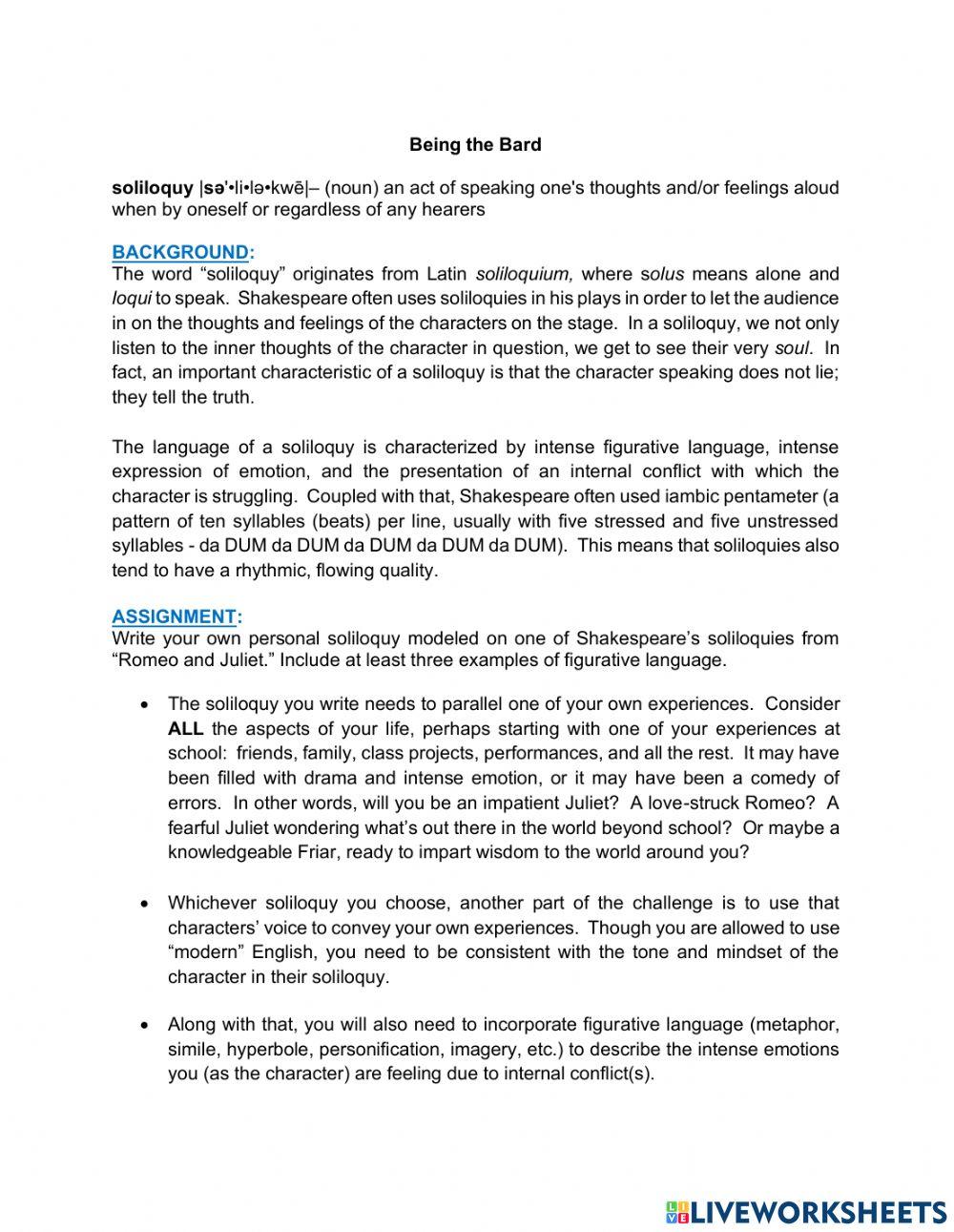 Being the Bard worksheet | Live Worksheets