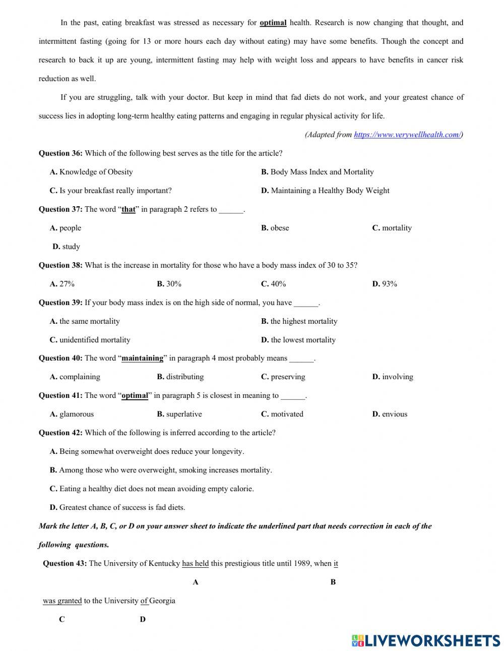 Mock test 56 worksheet | Live Worksheets