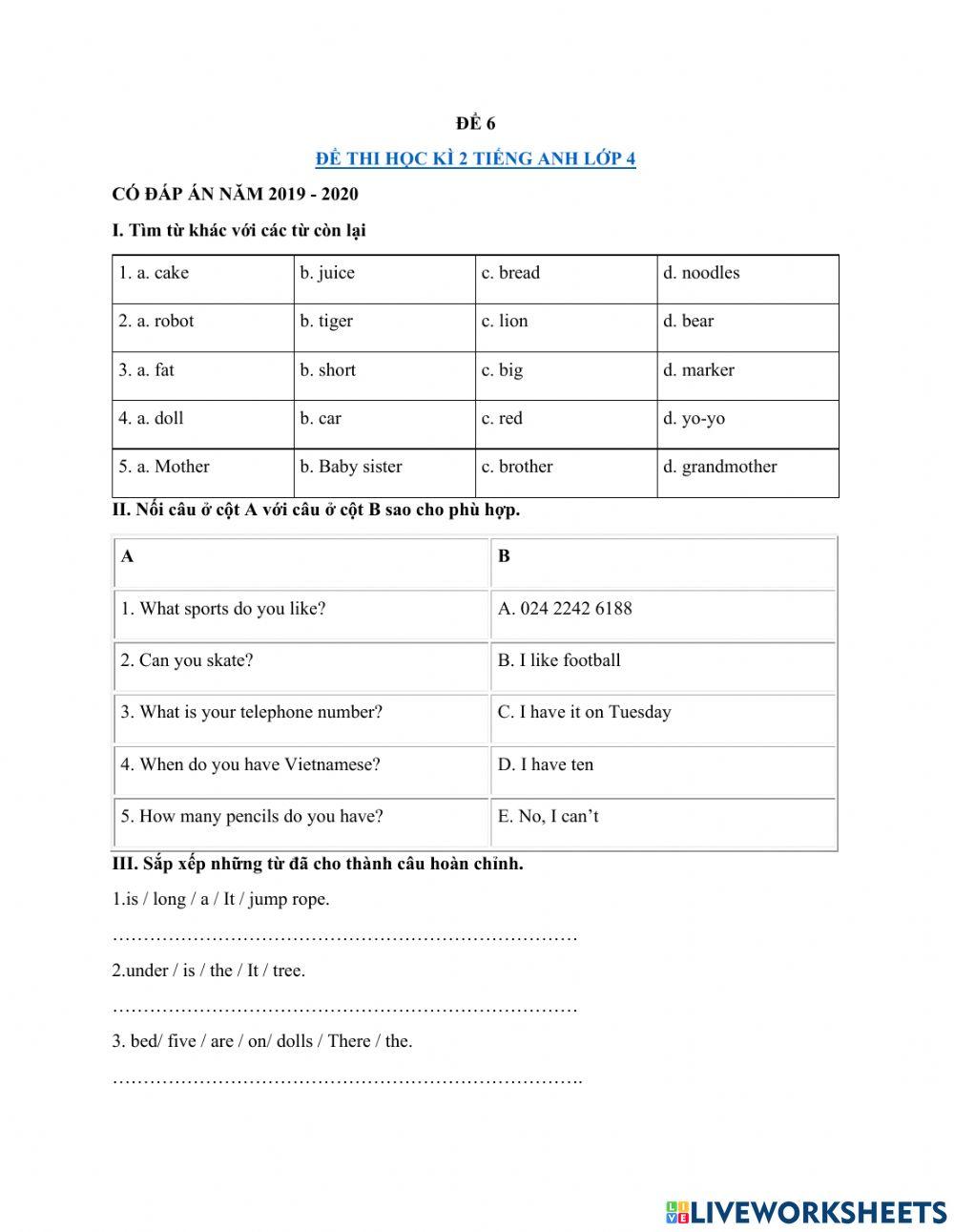 ENGLISH EXAM GRADE 4: D online exercise for | Live Worksheets