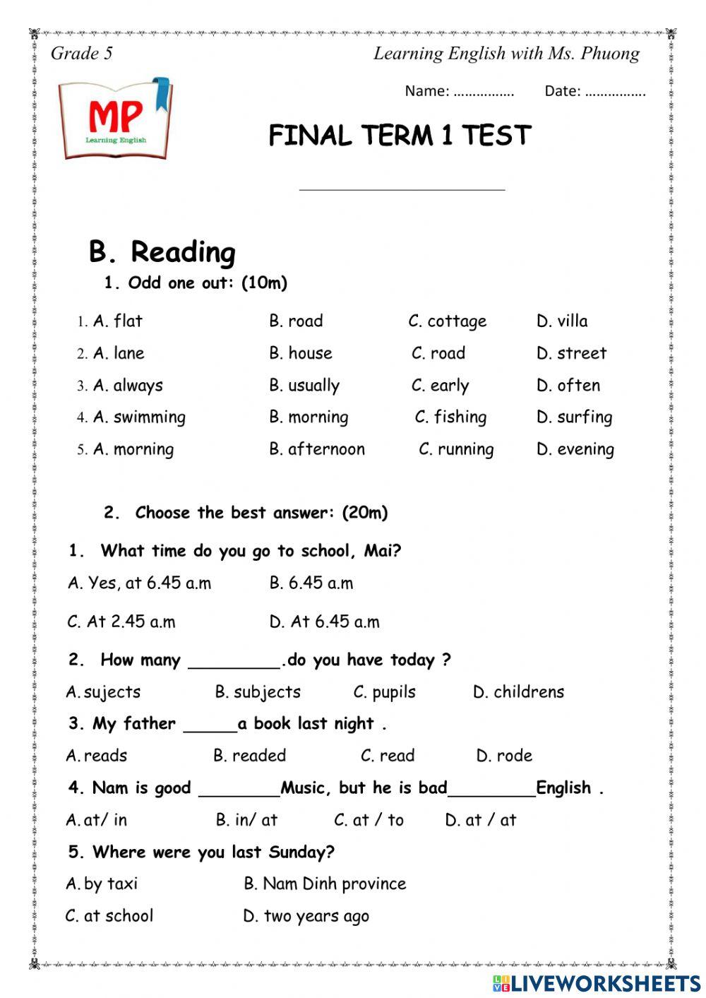 English 5 - Final Test Term I interactive worksheet | Live Worksheets