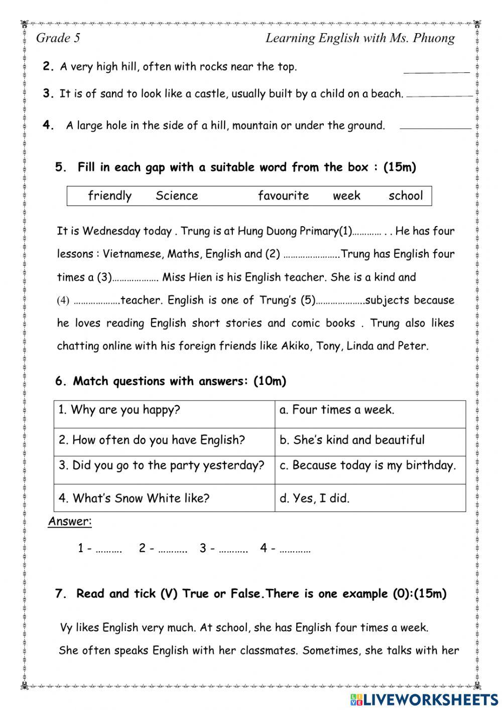 English 5 - Final Test Term I interactive worksheet | Live Worksheets