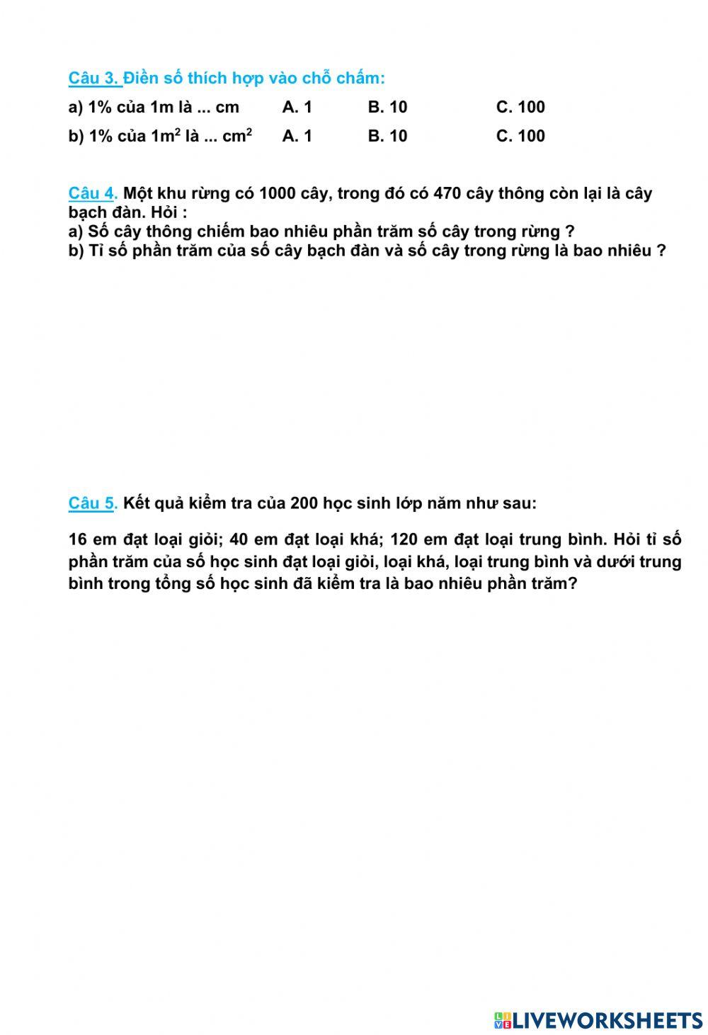 Toán 5 Ti so phan tram worksheet | Live Worksheets