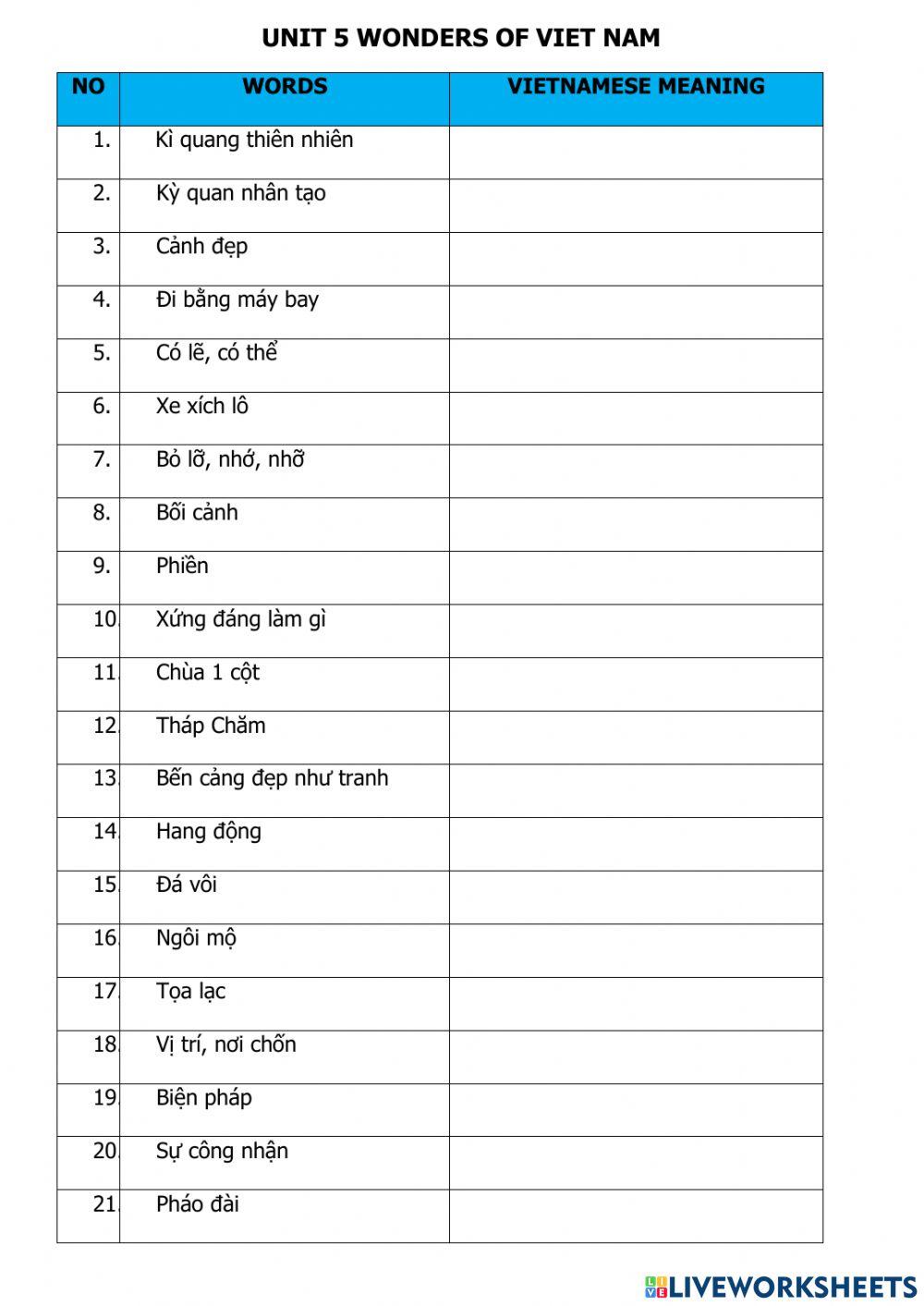 Grade 9 Unit 5 wonders of Vietnam worksheet | Live Worksheets