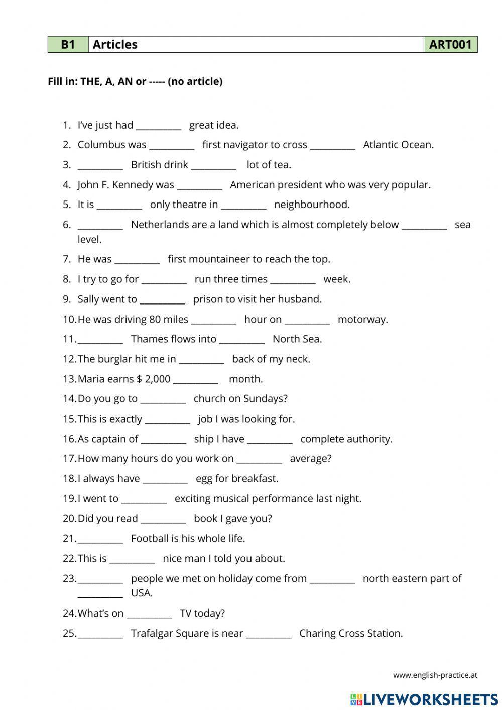 Articles online exercise for 10 | Live Worksheets