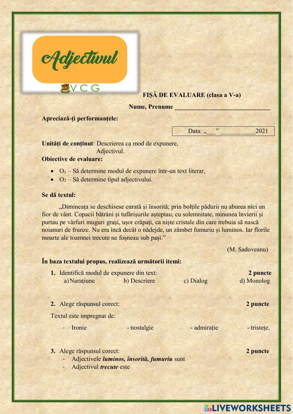 FIȘĂ DE EVALUARE: Adjectivul cl. 5 worksheet | Live Worksheets