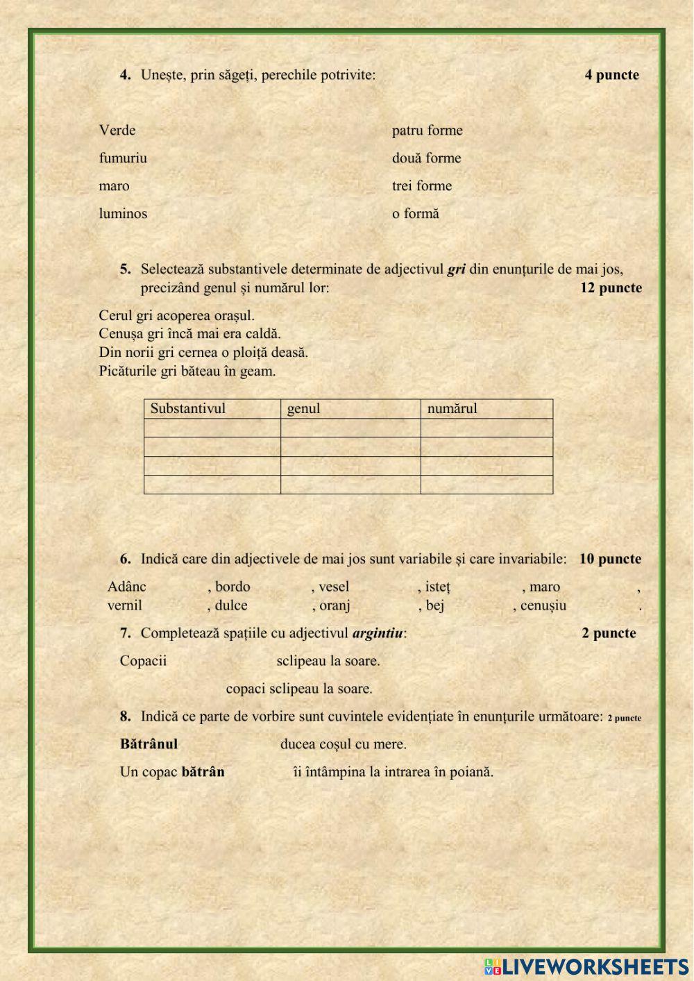FIȘĂ DE EVALUARE: Adjectivul cl. 5 worksheet | Live Worksheets