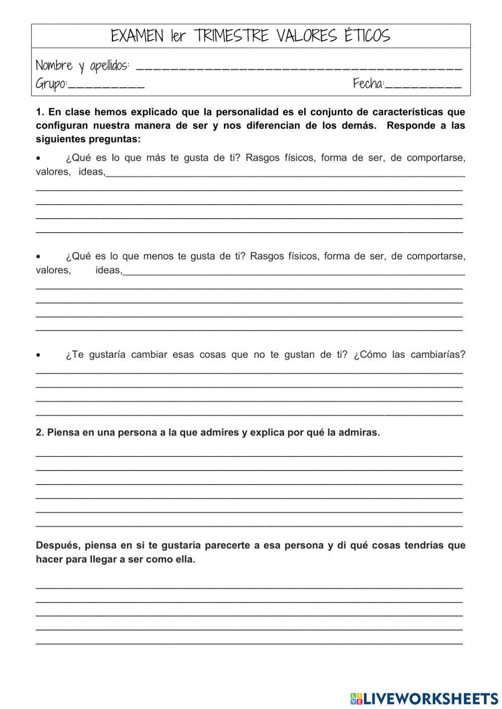 Examen Valores Éticos 1ª EvaluaciÓn Online Exercise For Live Worksheets