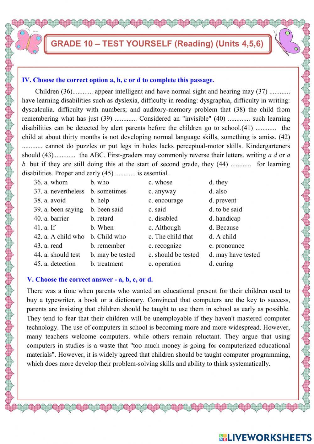 Grade 10 - Test yourself (Reading) (Units 4,5,6) online exercise for ...