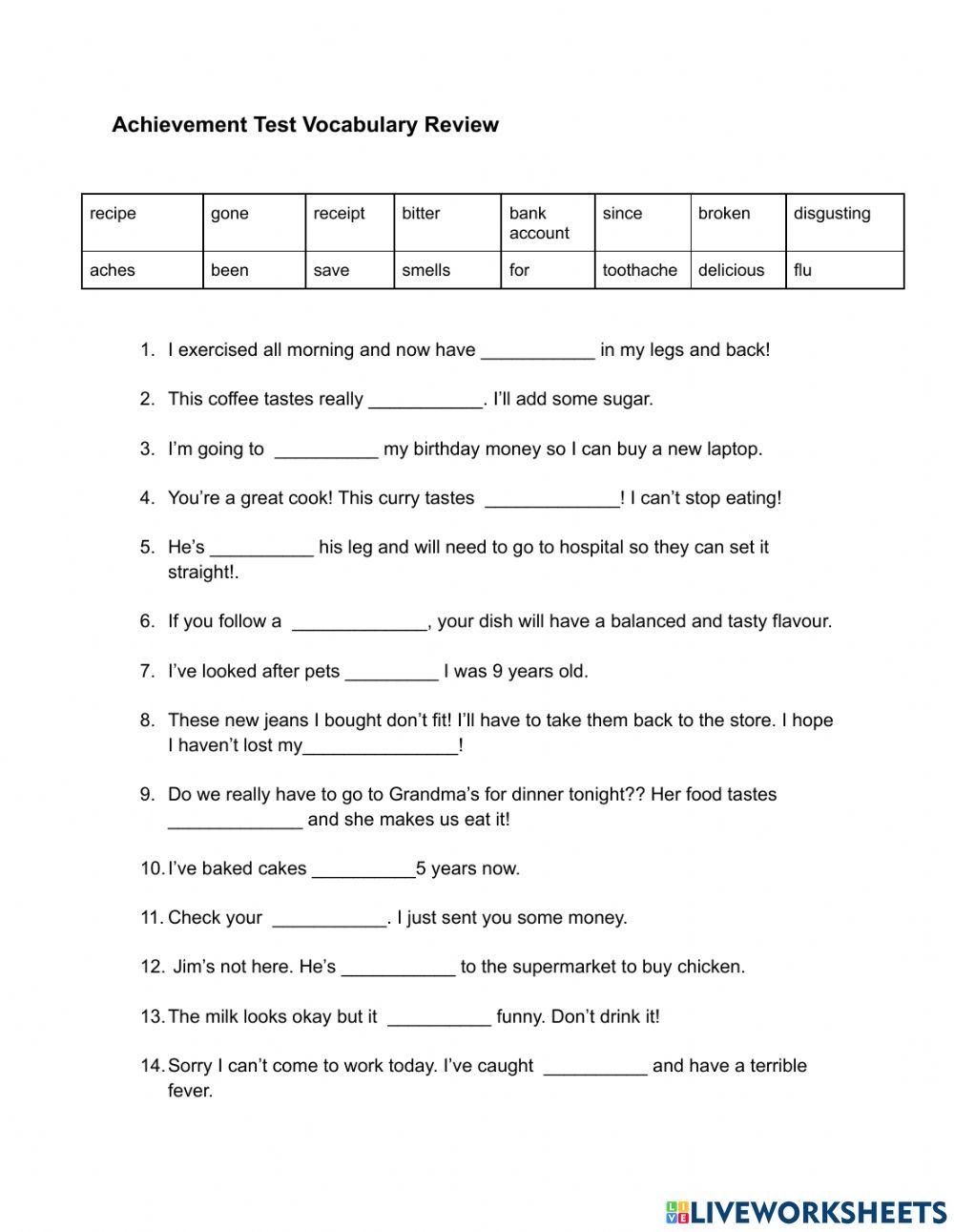 Achievement Test Vocabulary Review worksheet | Live Worksheets