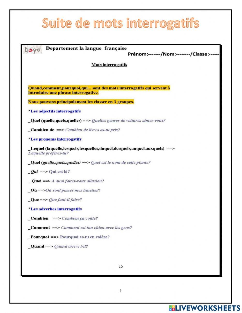 Suite de mot interro | MmeRadwa | Live Worksheets