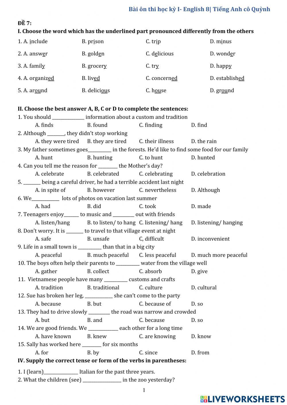 Grade 8- Final test- term 1 (test 7) online exercise for | Live Worksheets