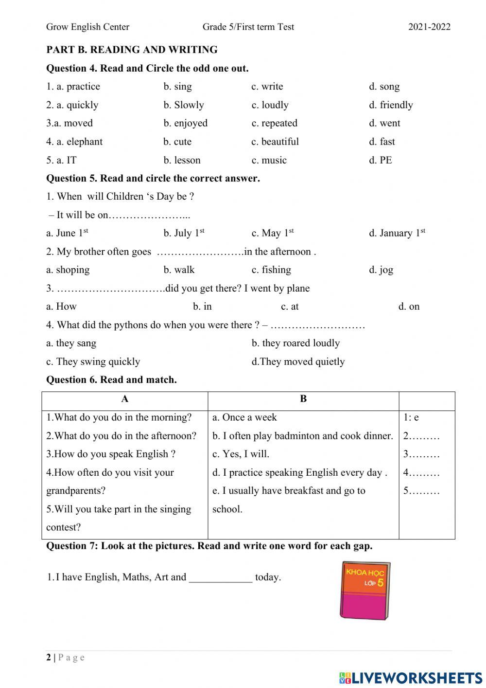 1749074 | English 5 - First Term Test 1 | Nguyen Thi Thu
