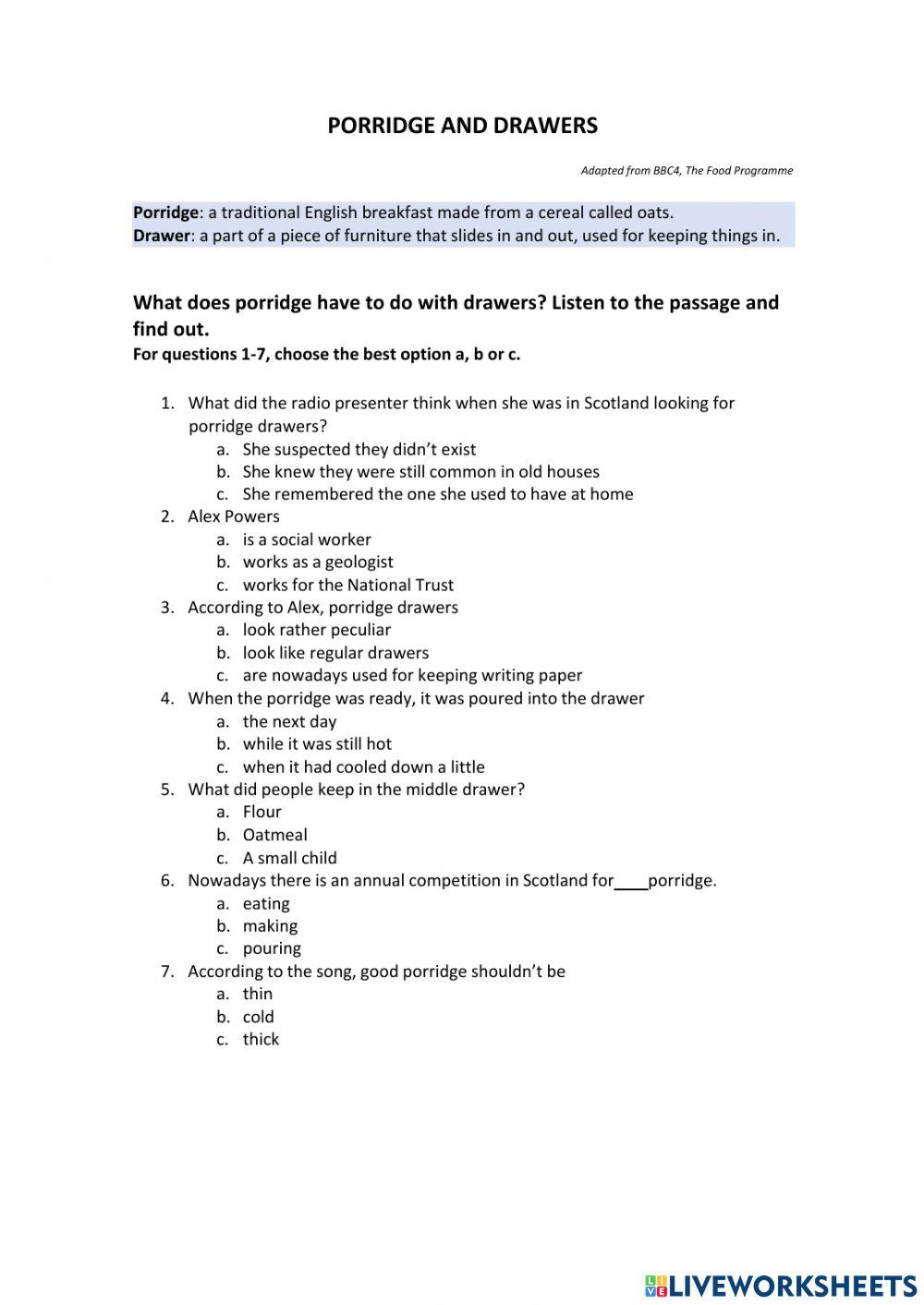 Porridge and drawers worksheet | Live Worksheets