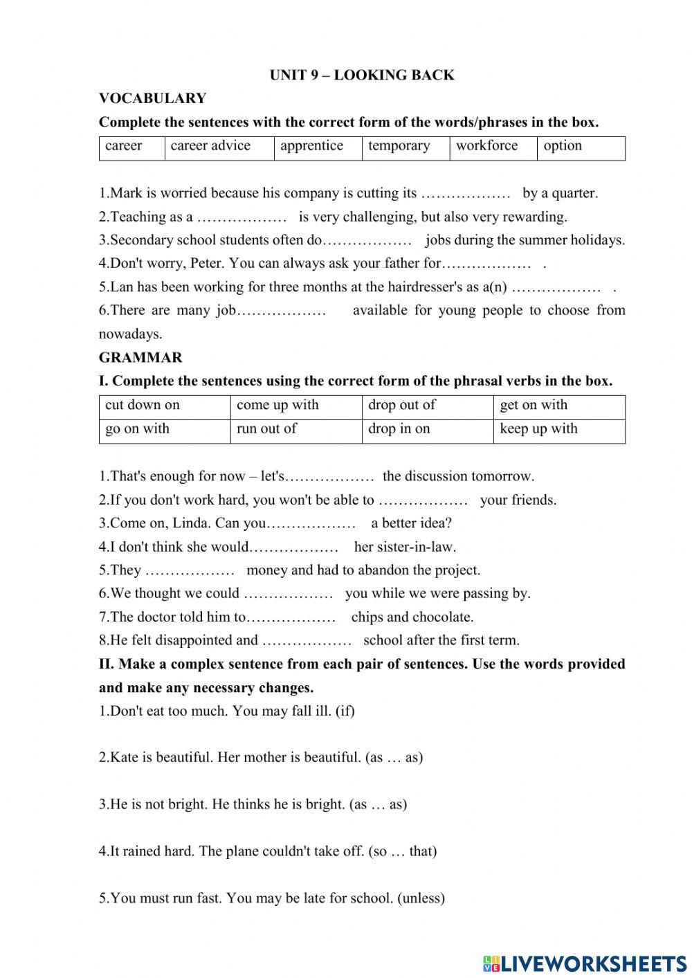 Unit 9 choosing a career- Looking back worksheet | Live Worksheets