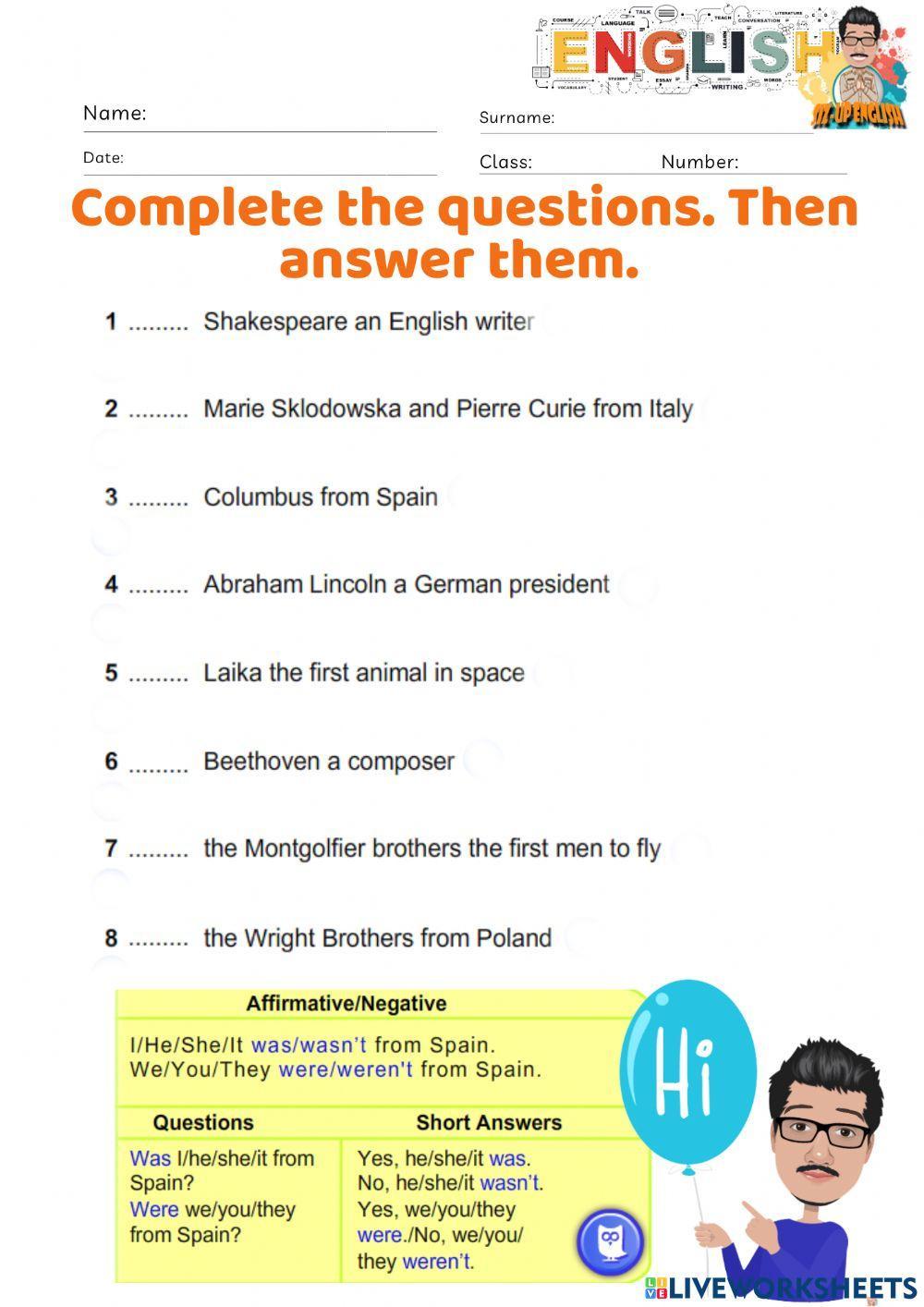 Was and Were in… | Free Interactive Worksheets | 1701545