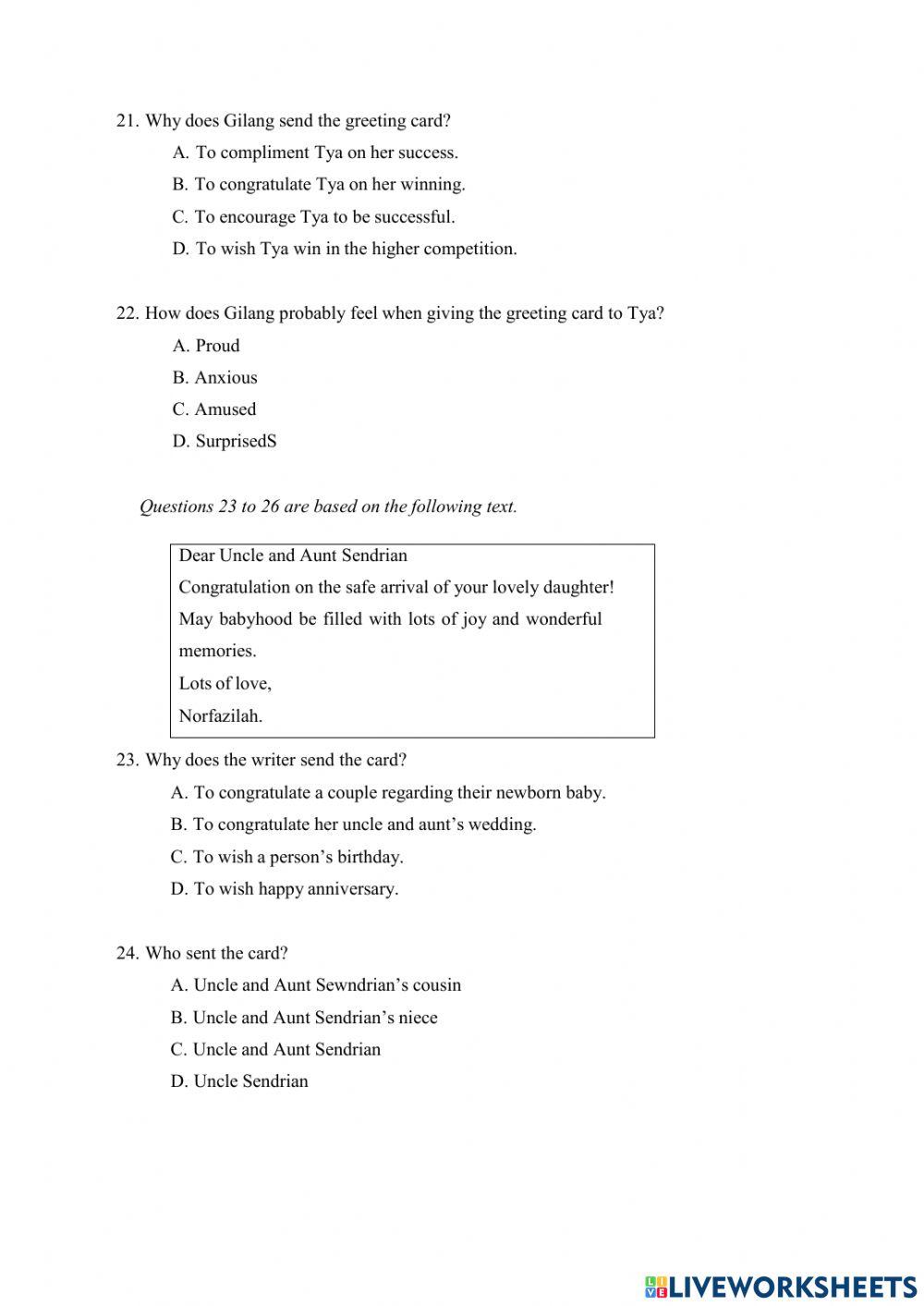 Soal Pas Bahasa Inggris Kelas 8 No 21 40 Worksheet Live Worksheets