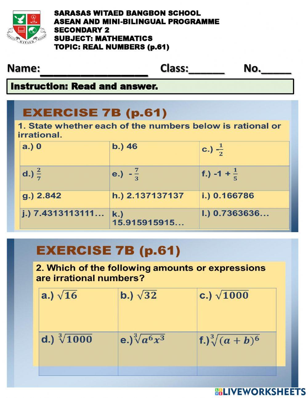 Unit7RealNumber2Worksheet 4013526 | Gny21 | Live