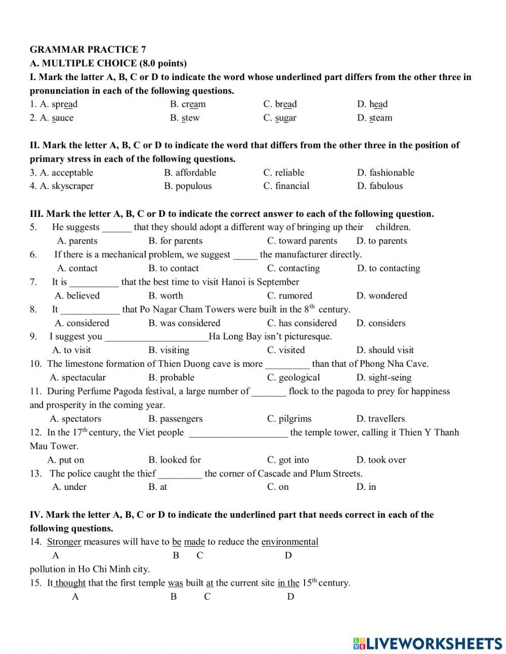 Grammar practice 7 worksheet | Live Worksheets