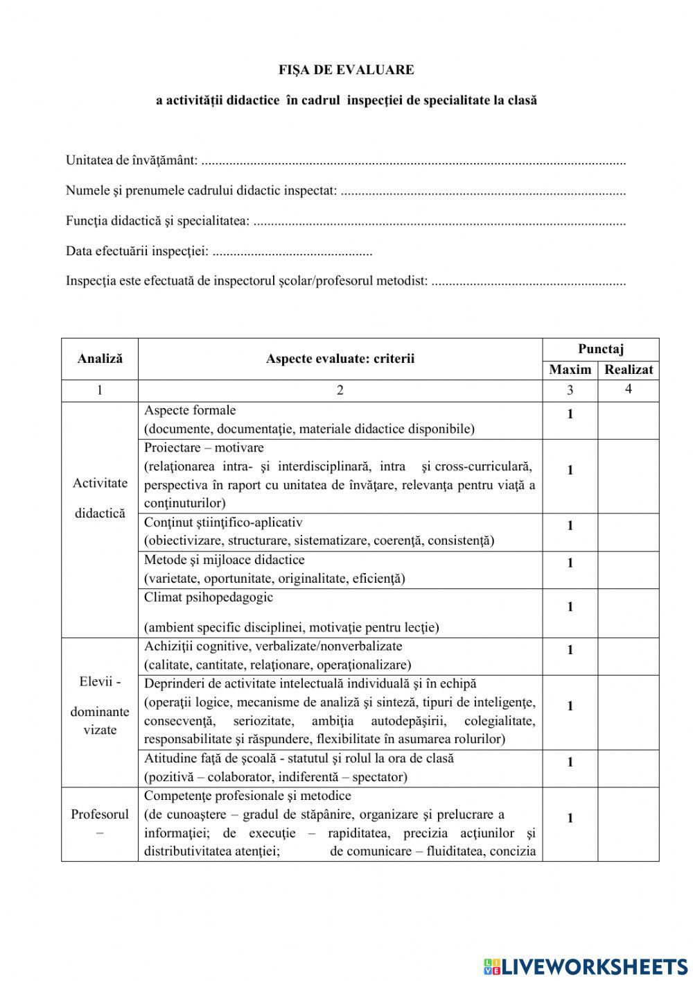 Fisa de evaluare la clasa online exercise for | Live Worksheets