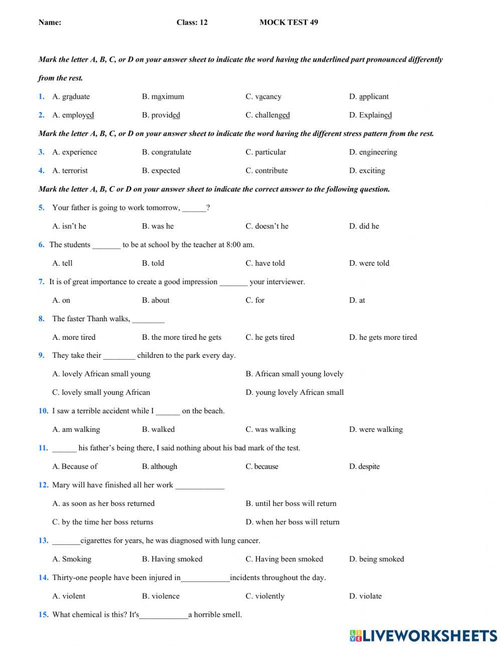 Mock test 49 1702323 | xthao1983 | Live Worksheets