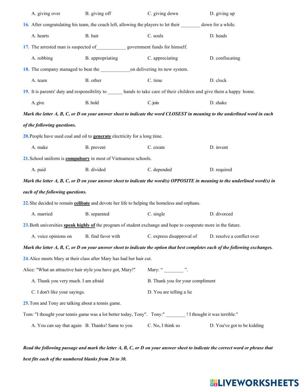 Mock test 49 1702323 | xthao1983 | Live Worksheets