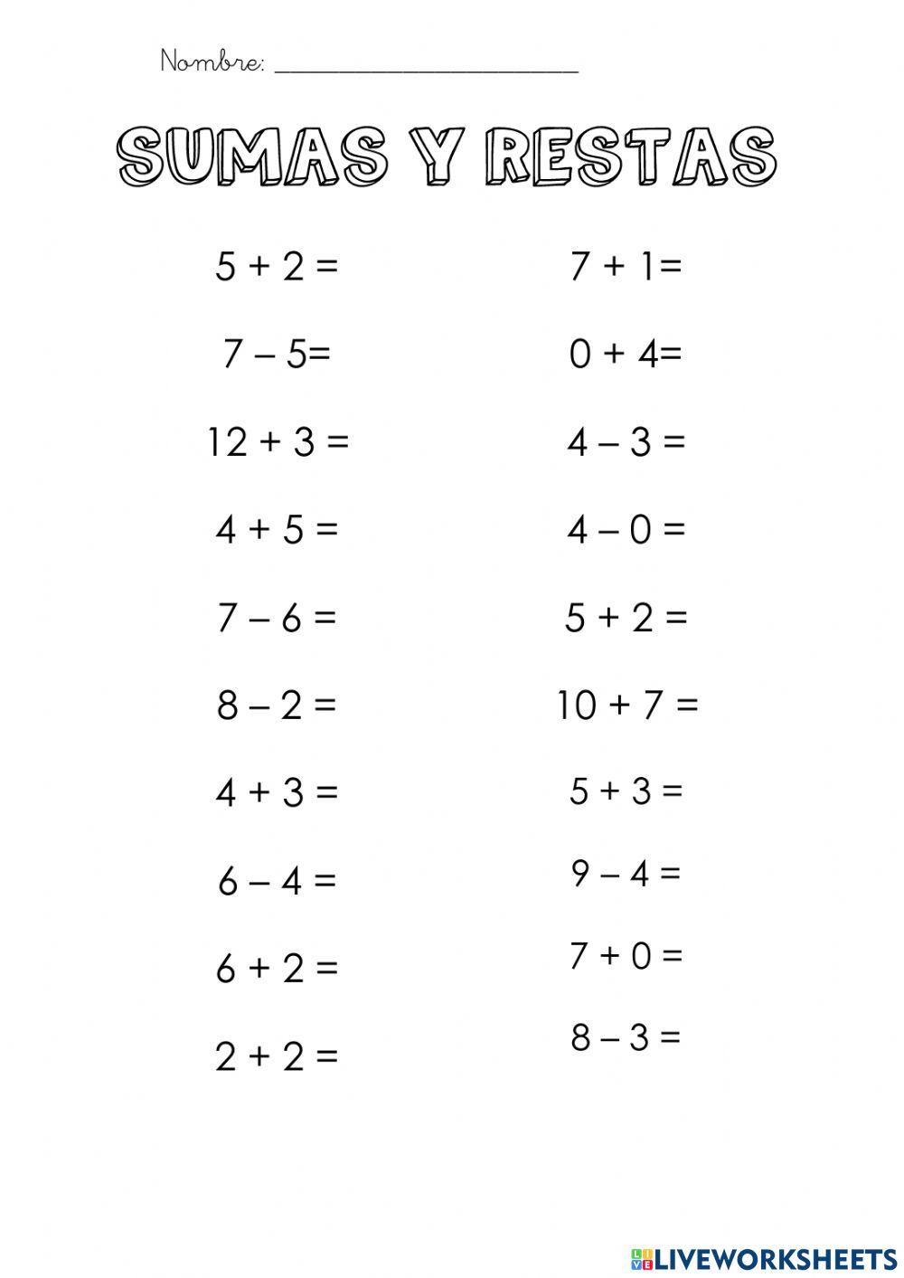 Hojas De Trabajo De Resta Horizontal Tablero Para Sumas Y Restas Con