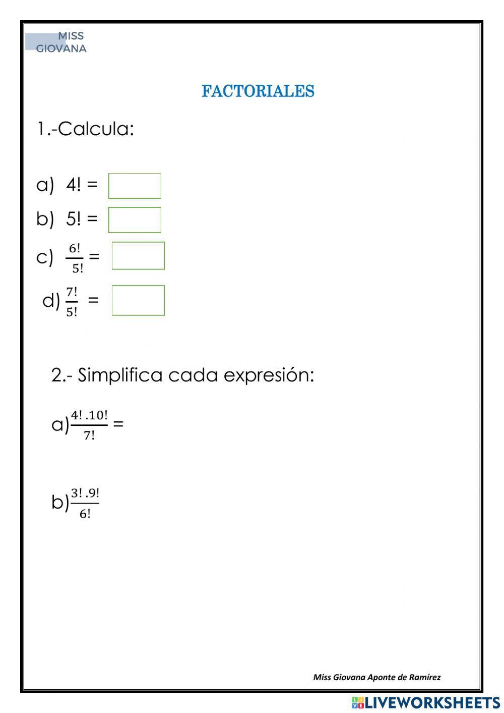 1702712 | Factoriales | giovana aponte | LiveWorksheets