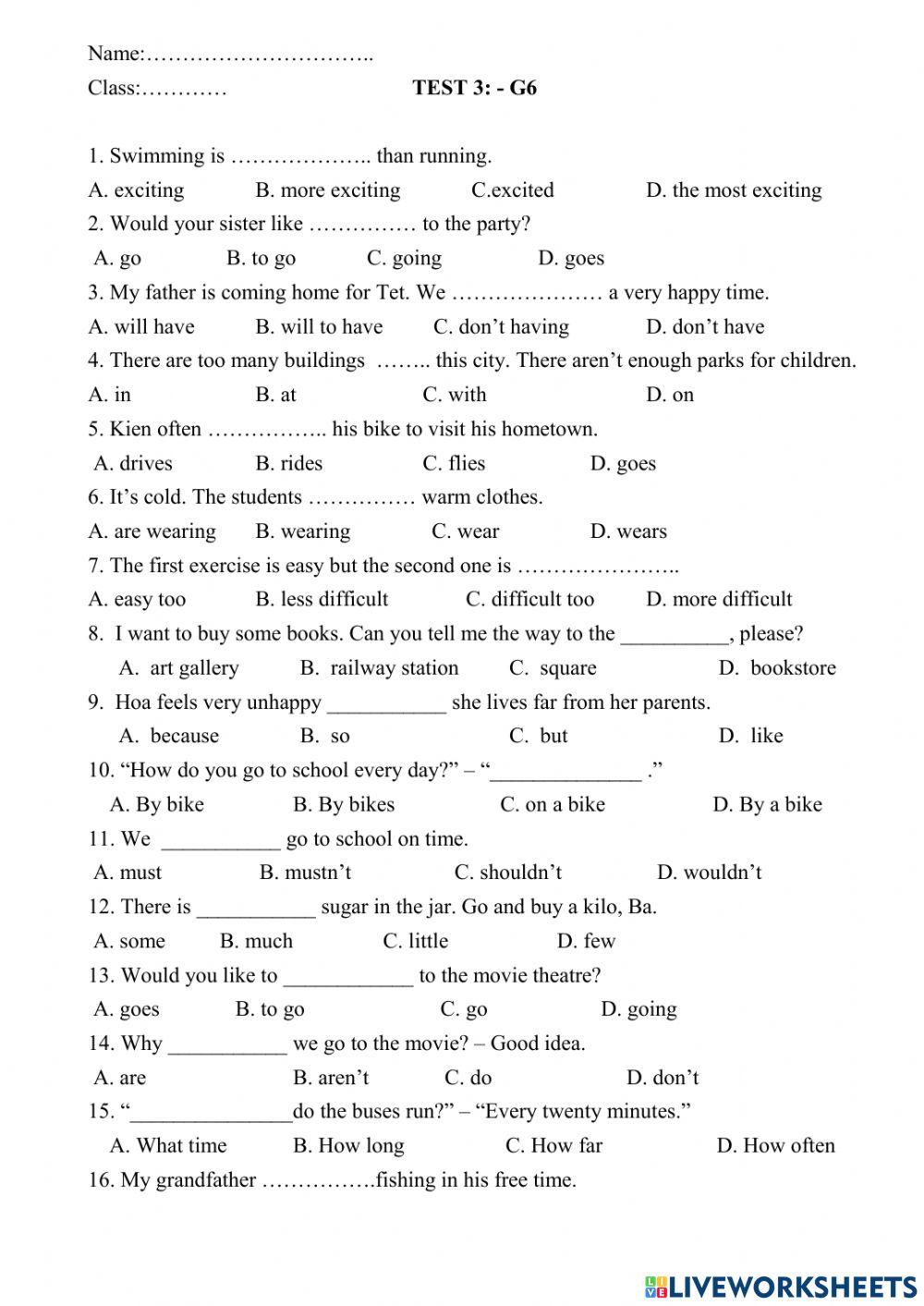 TEST 3- G6 | Nguyễn Thị Huyền | Live Worksheets