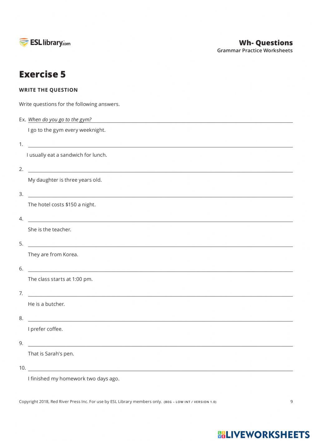 Homework (Wh-questions) online exercise for | Live Worksheets
