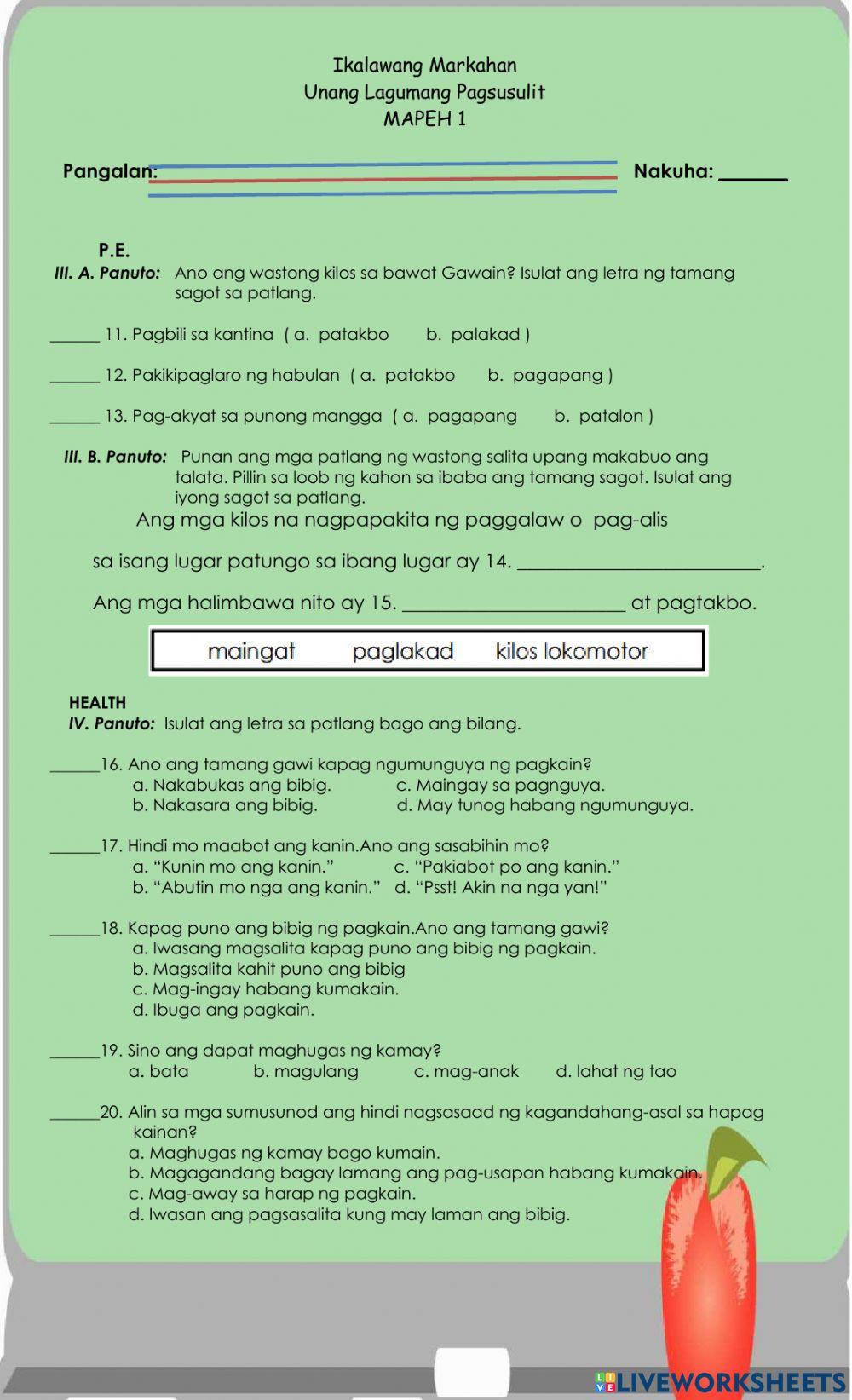 1st Summative Test-Q2 in MAPEH Part 2 worksheet | Live Worksheets