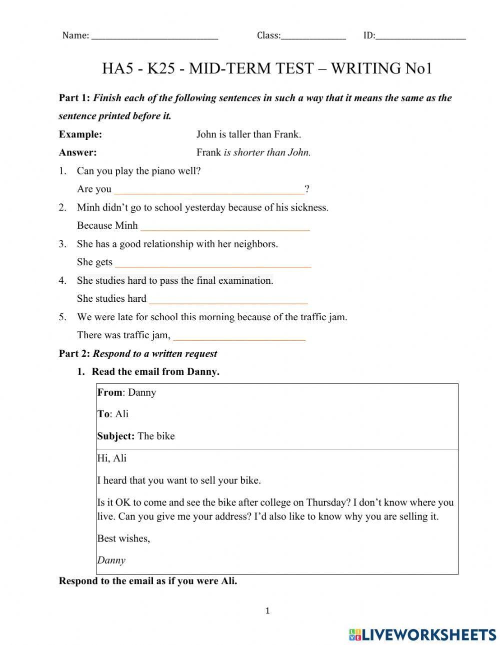 HA5-Midterm Test No1-Writing online exercise for | Live Worksheets