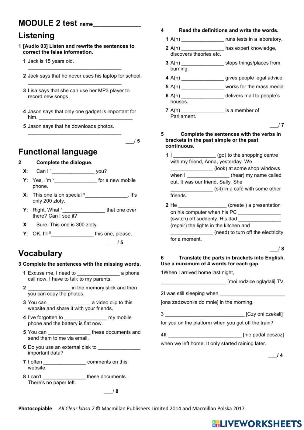 Module 2 Unit test online exercise for | Live Worksheets