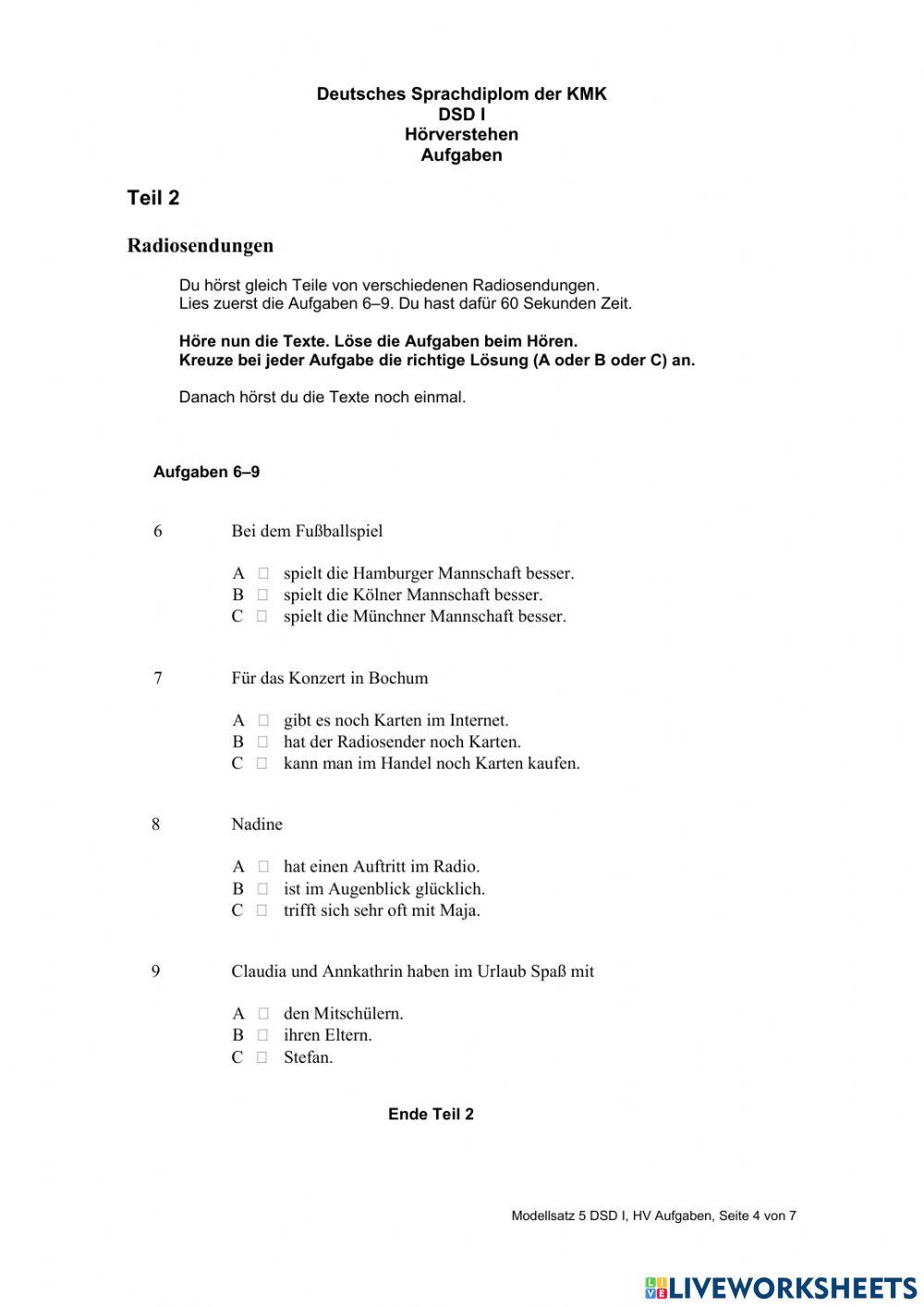 DSD 1 - Modellsatz 5 HV online exercise for | Live Worksheets