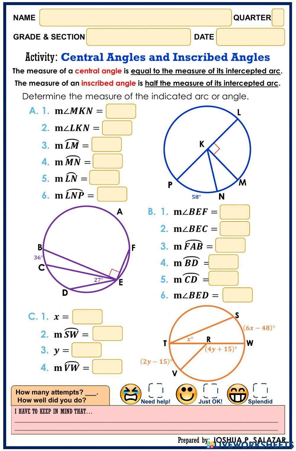 central angle practice worksheet