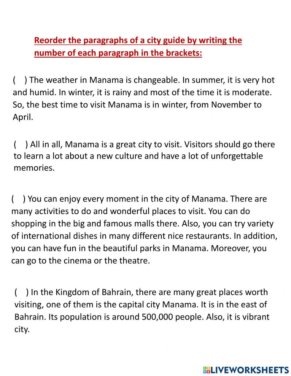 Reorder the paragraphs of the city guide online exercise for | Live ...