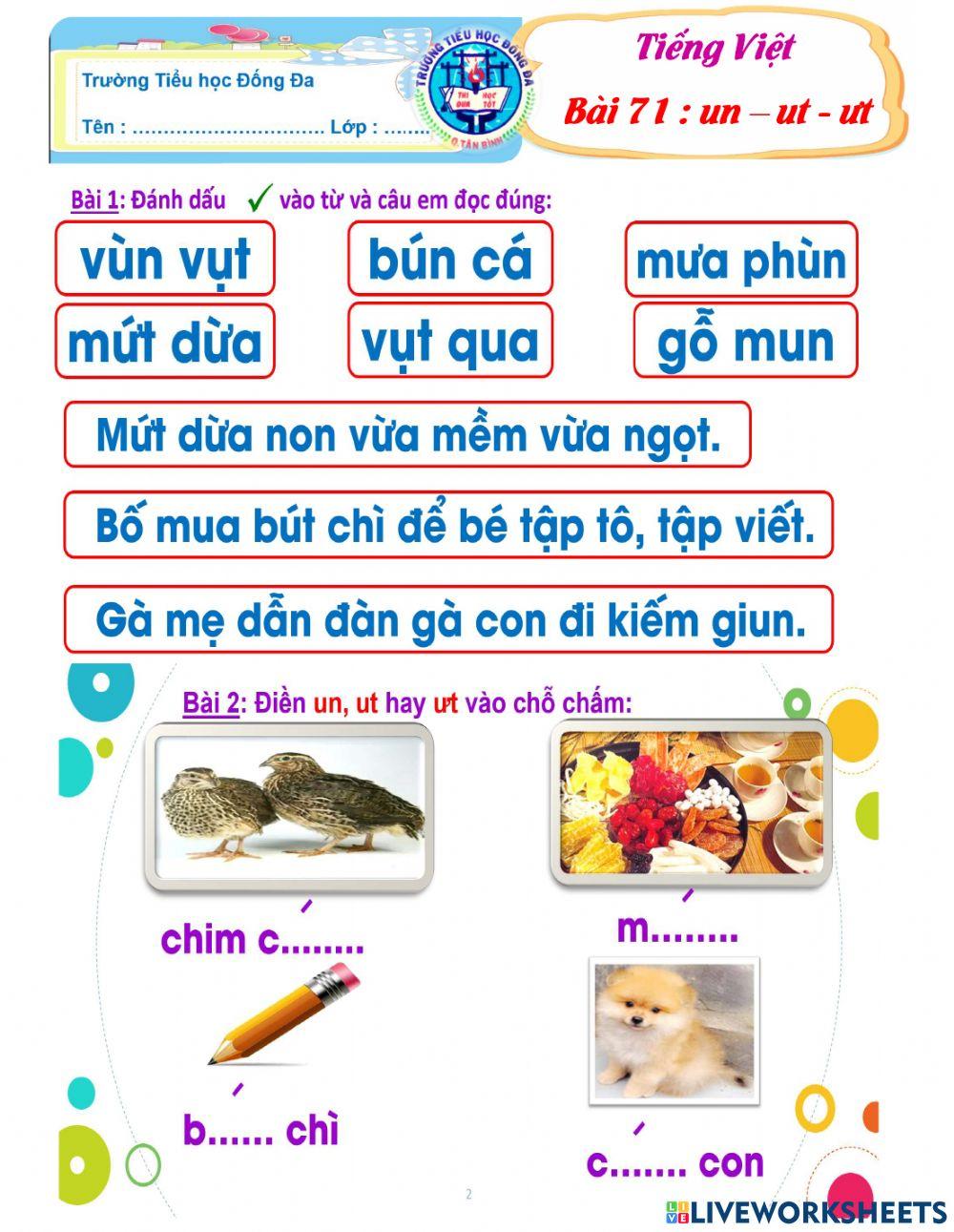 Tiếng Việt - Bài 71 : un - ut - ưt online exercise for | Live Worksheets