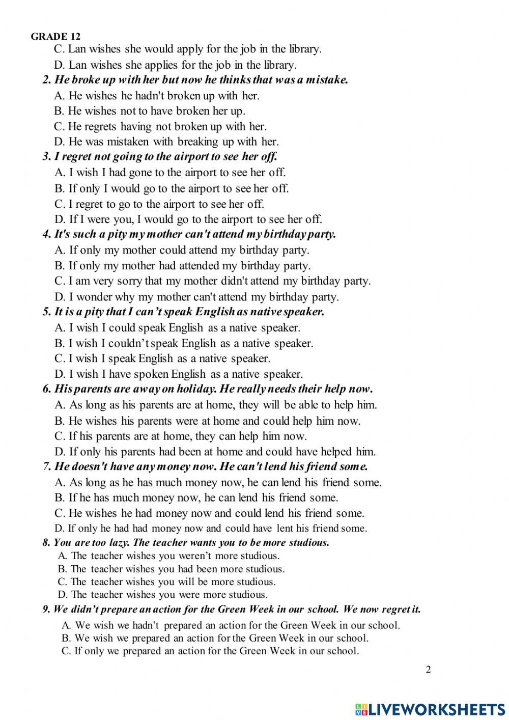 Wish sentences exercise | Live Worksheets