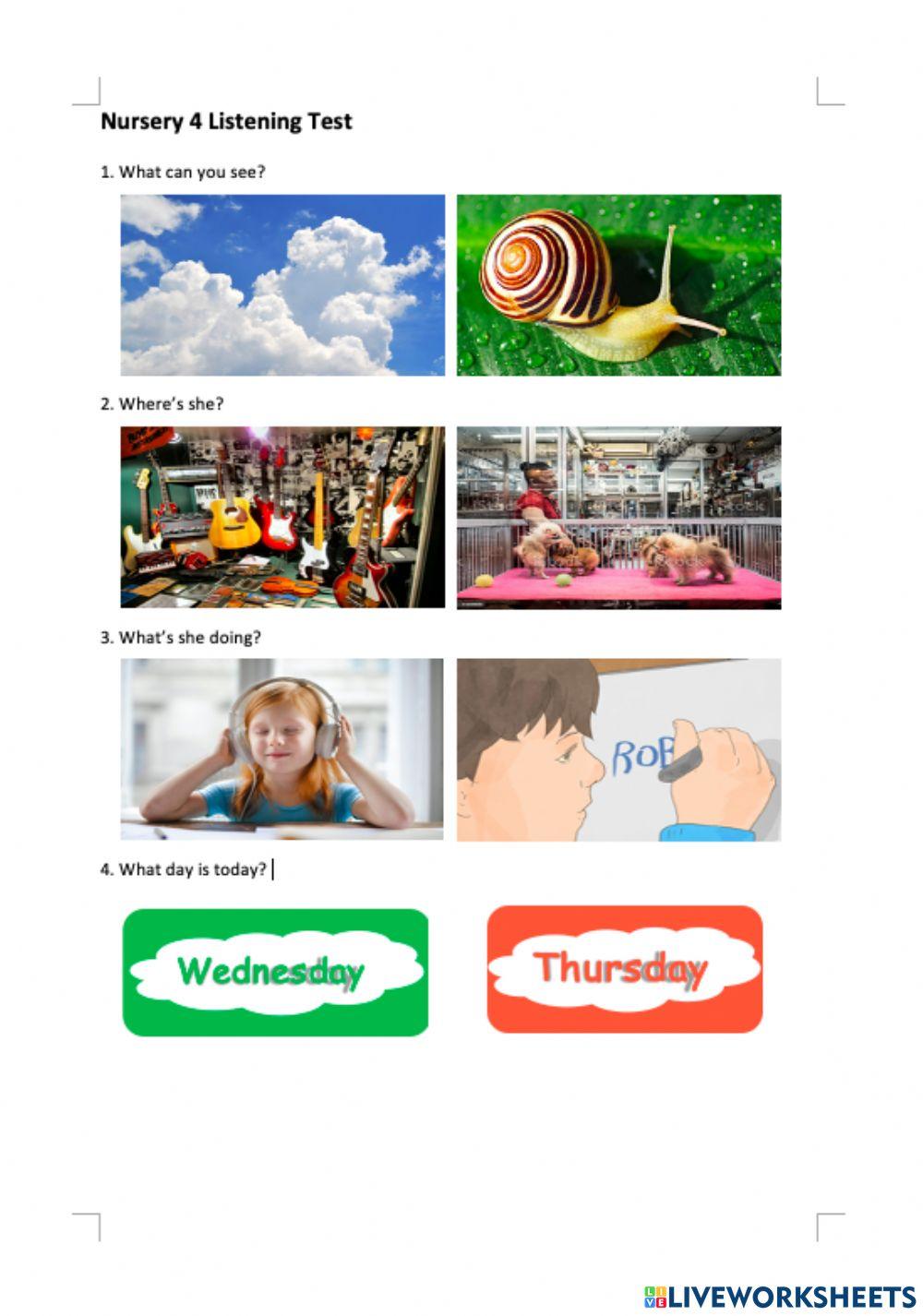 Nursery Listening Test worksheet | Live Worksheets