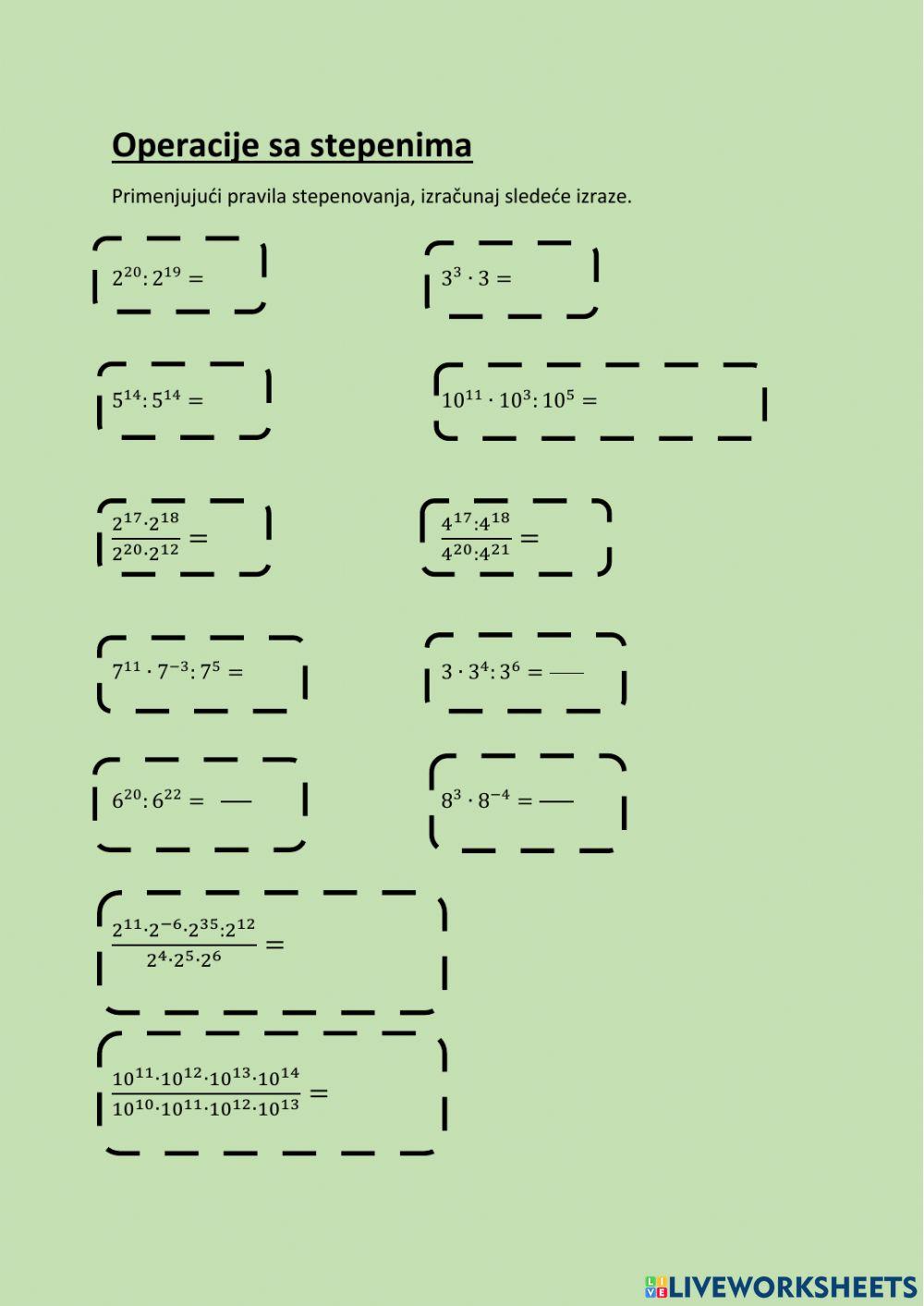 Operacije sa stepenima worksheet | Live Worksheets