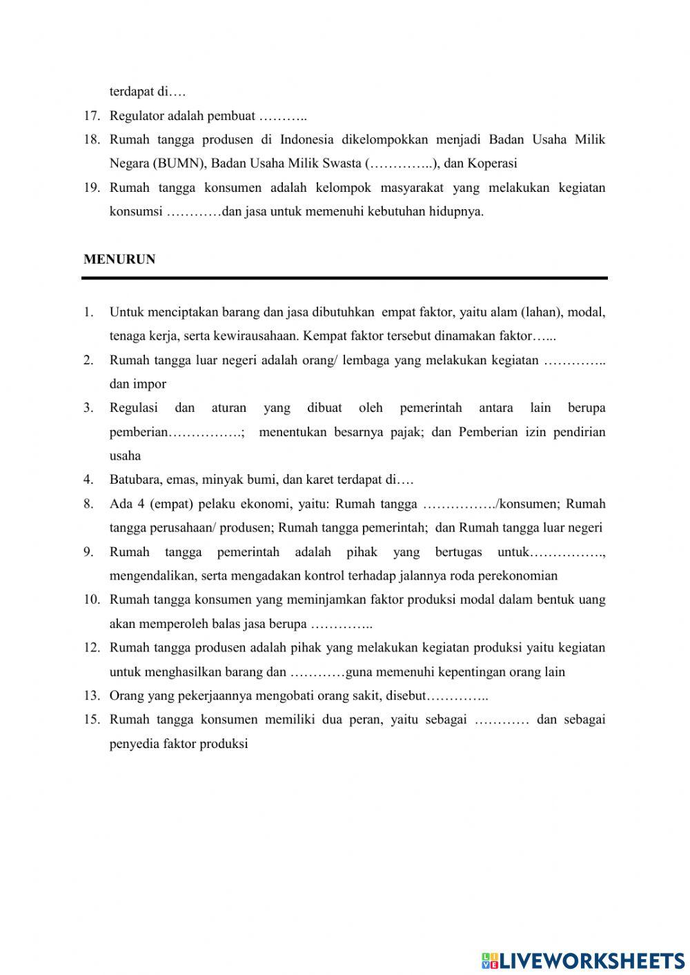 Crossword ips Ilmu Pengetahuan Sosial (IPS) worksheet | Live Worksheets