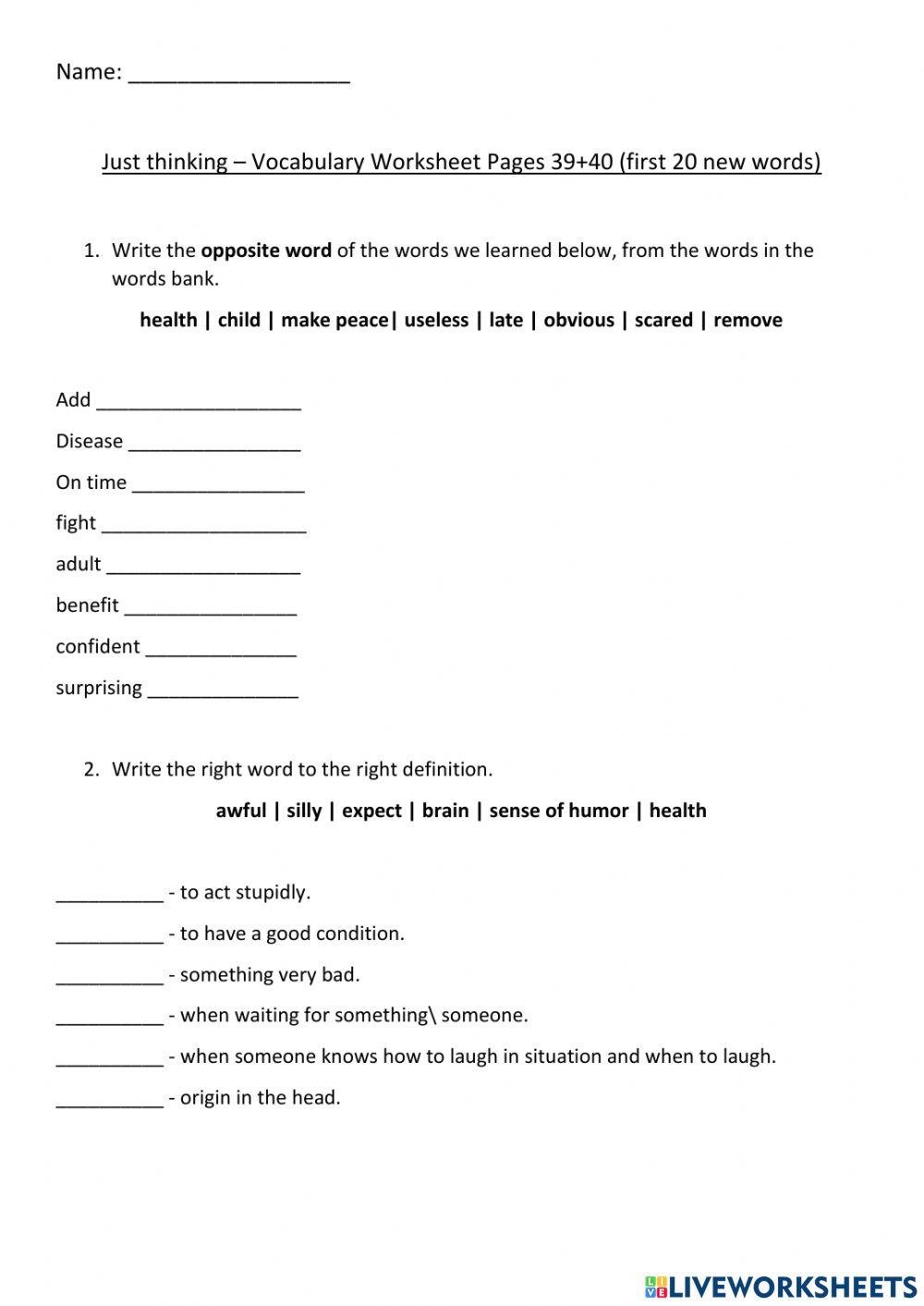 Just Thinking Vocabulary Worksheet Pages 39 - 40 worksheet | Live ...