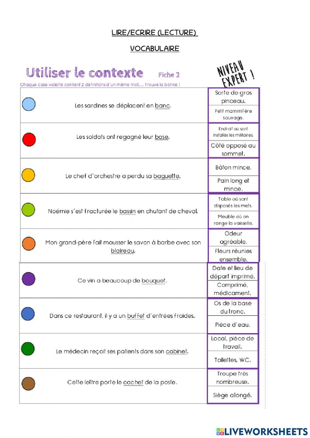 Comprendre le sens d'un mot selon le contexte ex 2 worksheet | Live ...