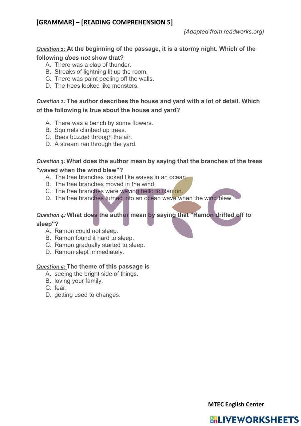 Grammar - reading comprehension 5 worksheet | Live Worksheets