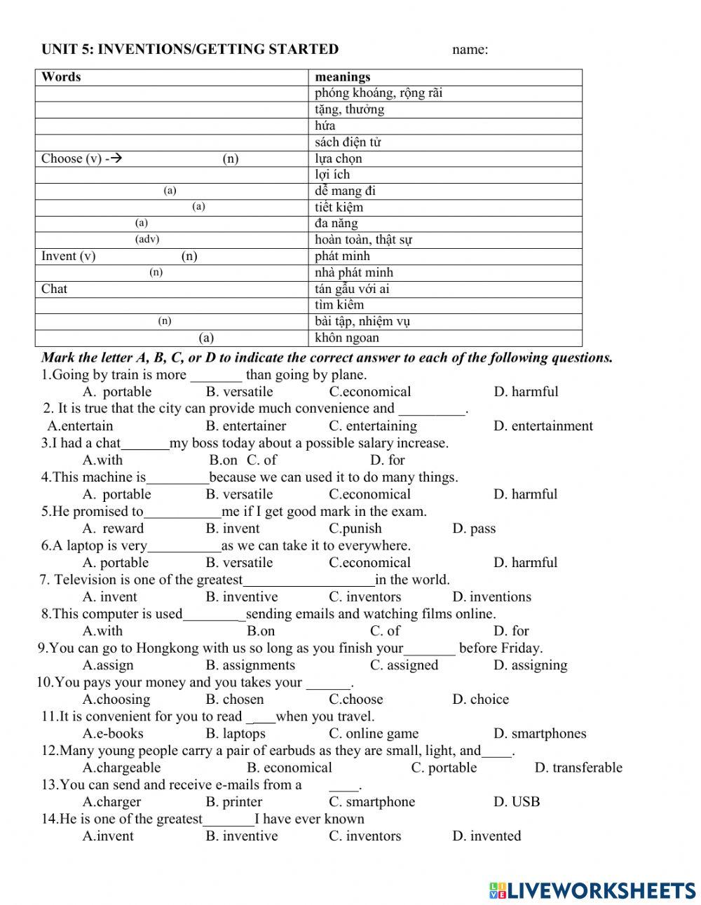 10. unit 5 worksheet | Live Worksheets