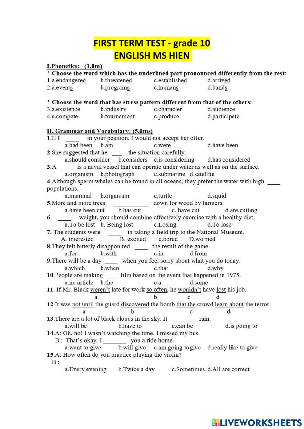 FIRST TERM TEST - grade 10 1748040 | Phạm Thuý Hiền